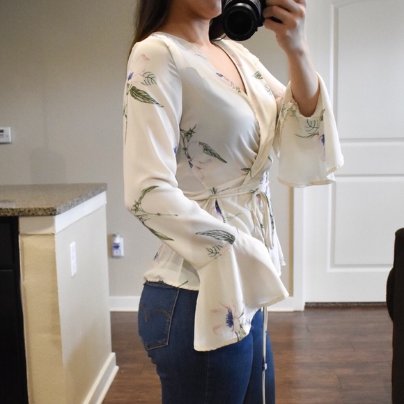 Din & Louie | Tops | Ivory Floral Wrap Top With Bell Sleeves | Poshmark
